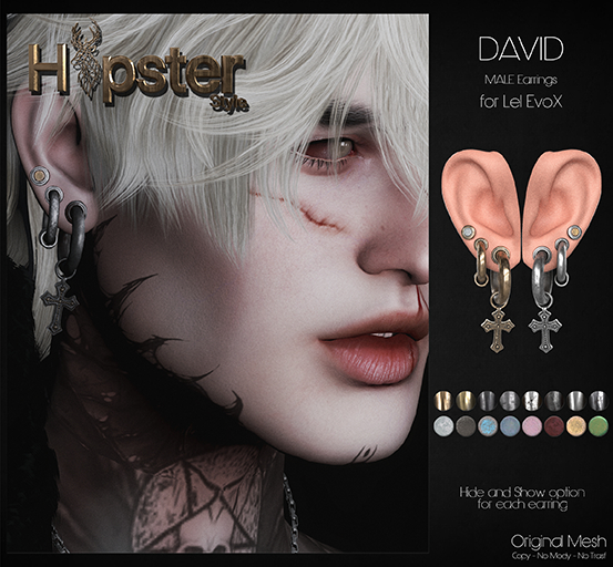 Second Life Marketplace - [Hipster Style] DAVID MALE Earrings for Lel Evox